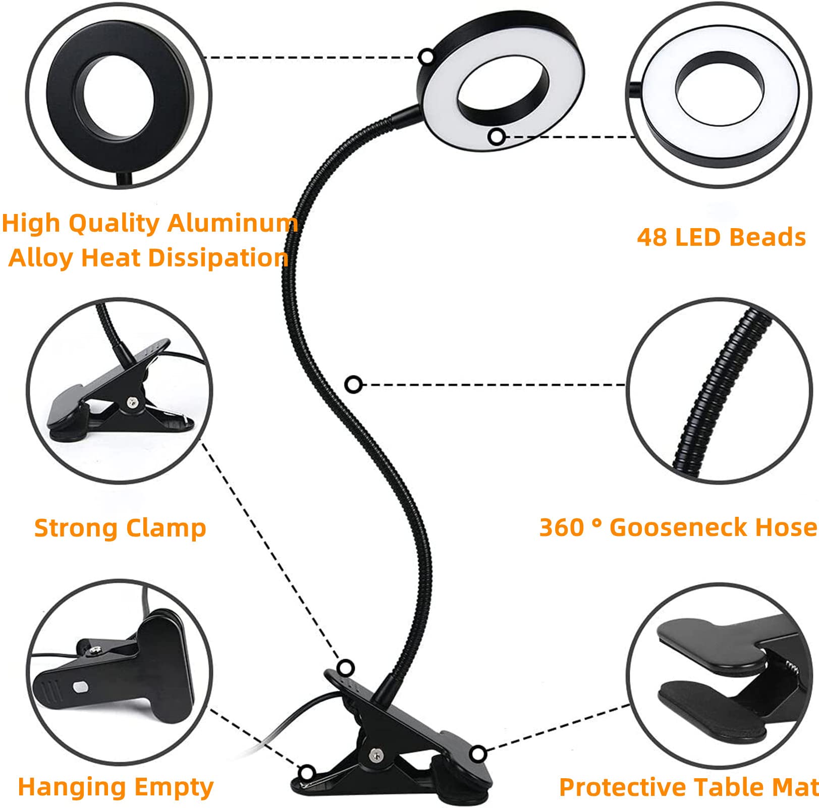 lishumei Clip on Light Reading Lights, 48 LED USB Desk Lamp with 3 Color Modes 10 Brightness, Flexible USB Clamp Bedside Lamp, Eye Caring Book Light for Studying/Working/Gaming (Black)