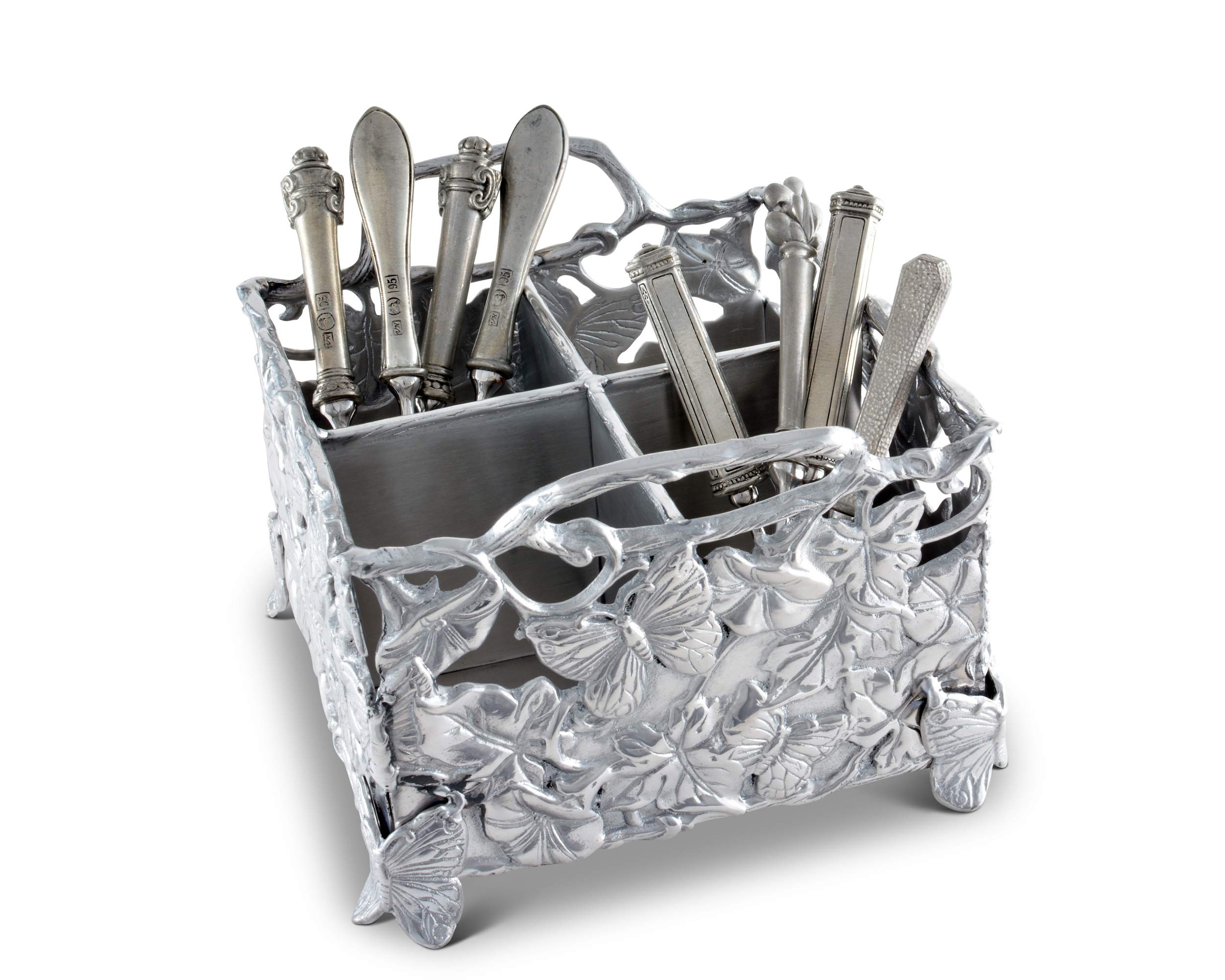 Arthur Court Designs Aluminum Metal Butterfly Silverware/Flatware/Utensil Caddy Holder 8 inch Square 7 inch Tall