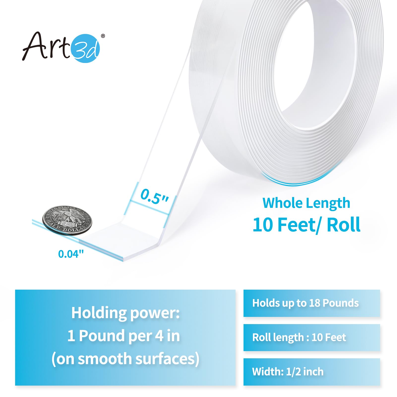 Art3d Double-Sided Tape Heavy Duty (10FT) Mounting Tape, Multipurpose Removable Adhesive Foam Tape, Reusable Transparent Tape for Paste Items, Household