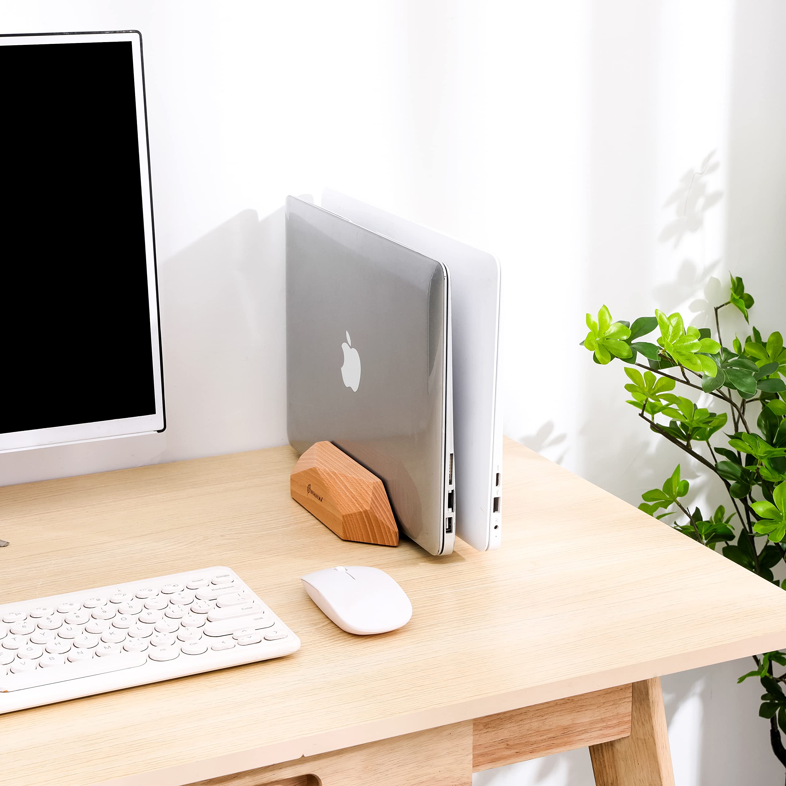 SINORHEMA Vertical Laptop Stand 2 Slots for Computer Desk Monitor Stand Double MacBook Holder and Dock Compatible with All MacBook Pro Air iPad Surfaces Beech