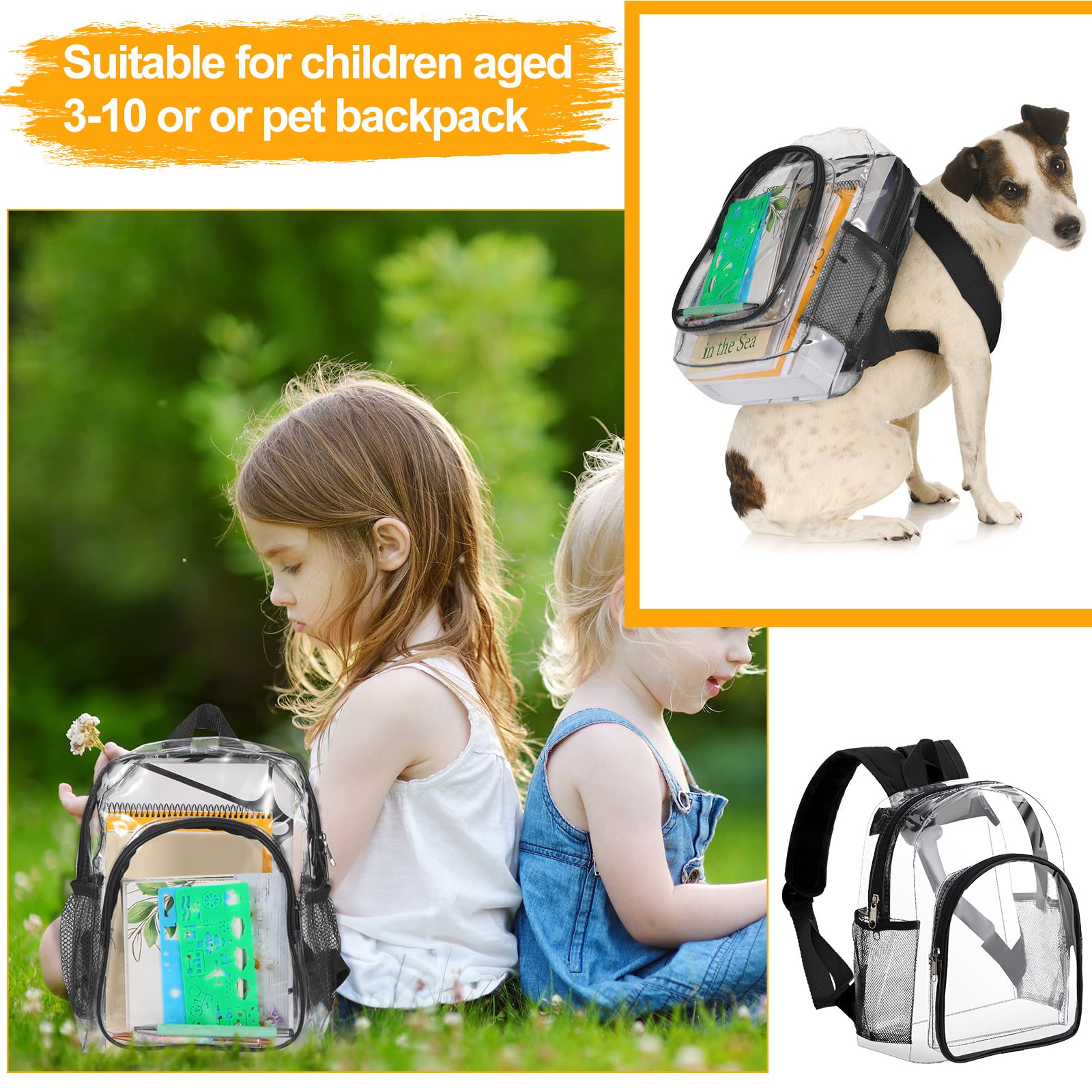4 Pieces Cute Clear Backpacks for over 8 Year Old Kindergarten Children PVC Transparent Bookbag See Through Plastic Bookbag for Toddler School Backpack