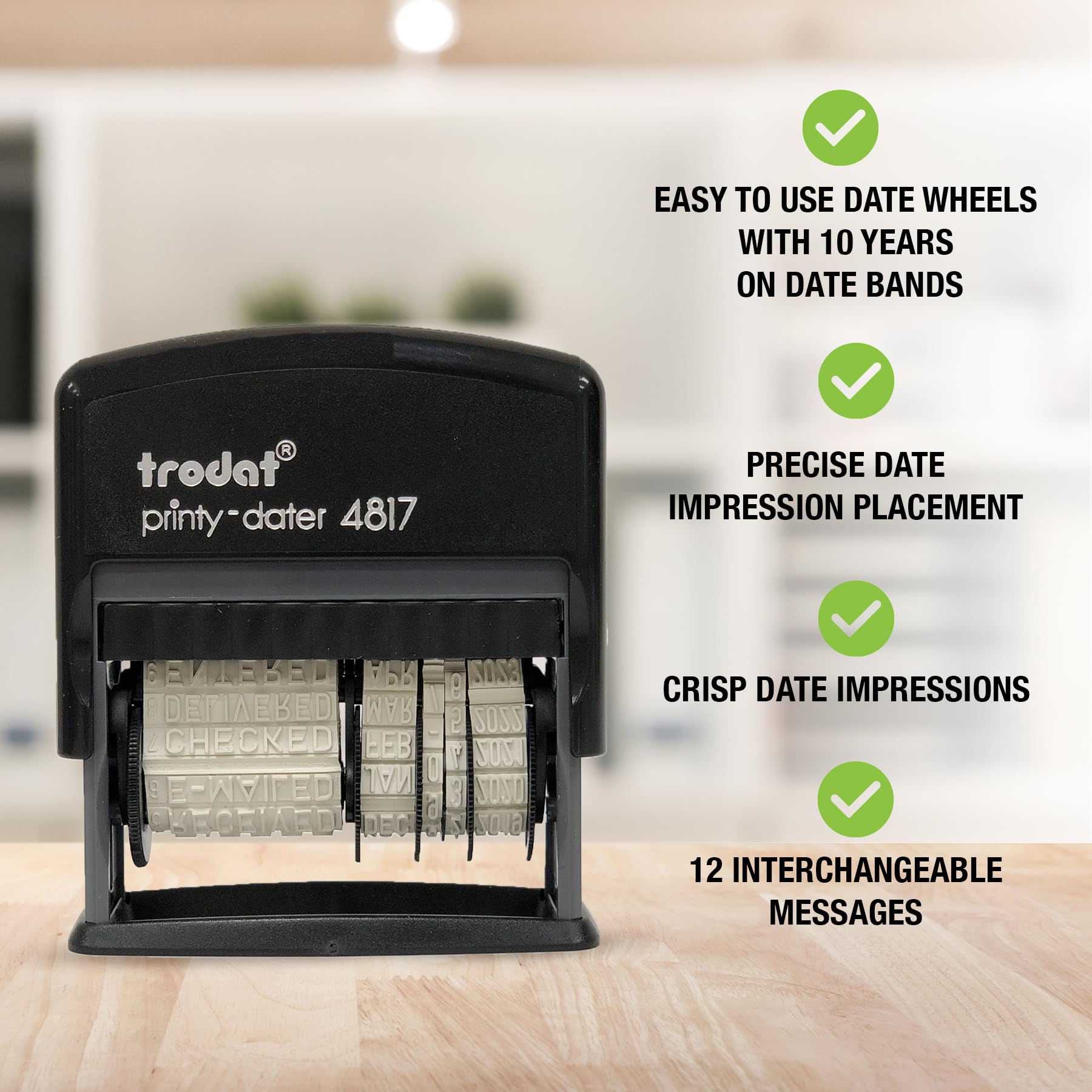 Trodat Printy 4817 Economy Dial-A-Phrase, 12 Popular Office Messages, Month in Letters, Day and Year in Numbers, Rubber Date Stamp – Self Inking Black Ink