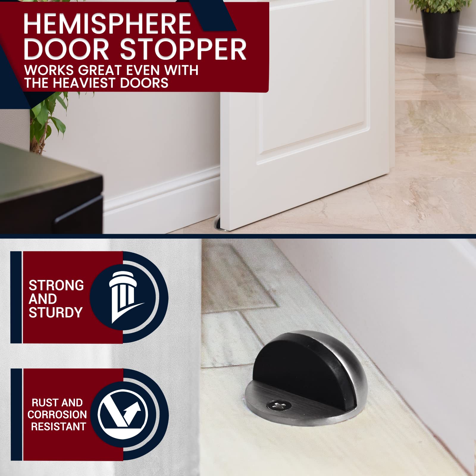 Premium Stainless Steel 304 & Rubber Floor Mounted Hemisphere Door Stopper by NYCO Architectural Hardware- Heavy Duty Door Bumper for Wall Protection- Modern Universal Door Slam Stopper-1.7”x 0.9”