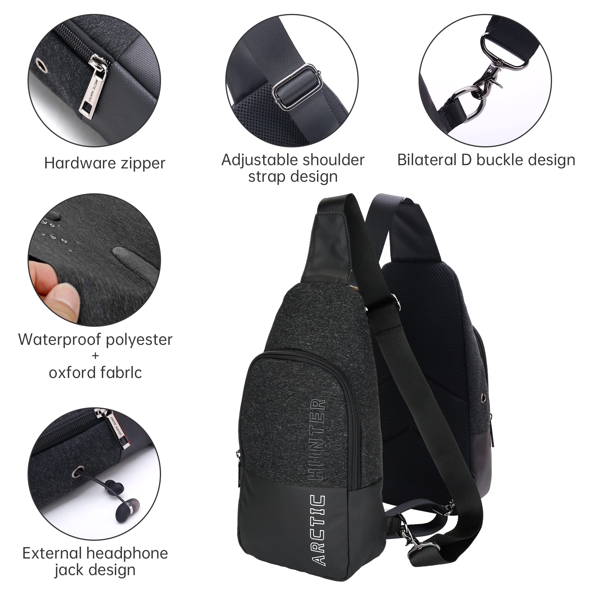 Pinprin Sling Bag Anti-theft Waterproof Crossbody Backpack Multi-pocket Chest Bag with Earphone Hole Shoulder Bag for Men, Hiking, Cycling, Travel