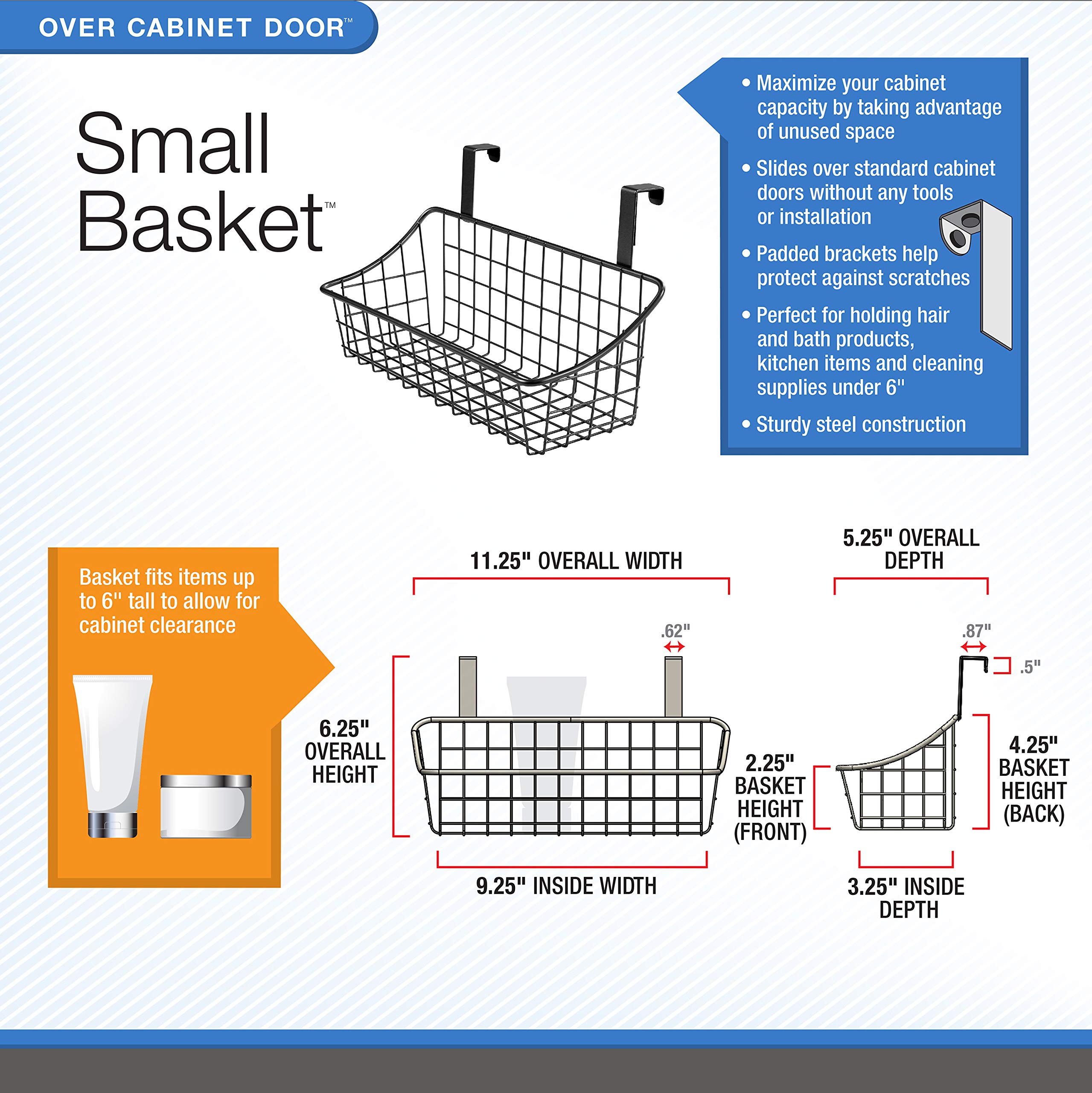 Spectrum Diversified Grid Storage Basket, Over The Cabinet, Steel Wire Organization Under Sink Kitchen & Bathroom, Small, Satin Nickel PC