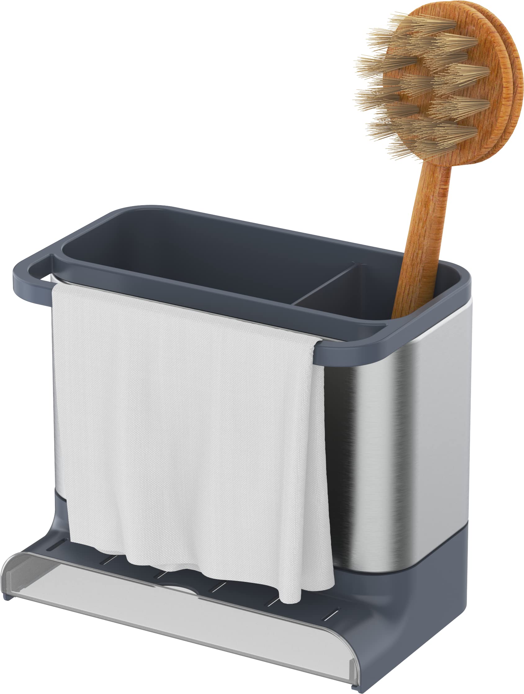 CLEARNEXT Brushed Stainless Steel Sink Caddy with Towel and Utensil Holder with Drip Tray, for Brush, Sponge, and Flatware Crock | for Kitchen or Bathroom