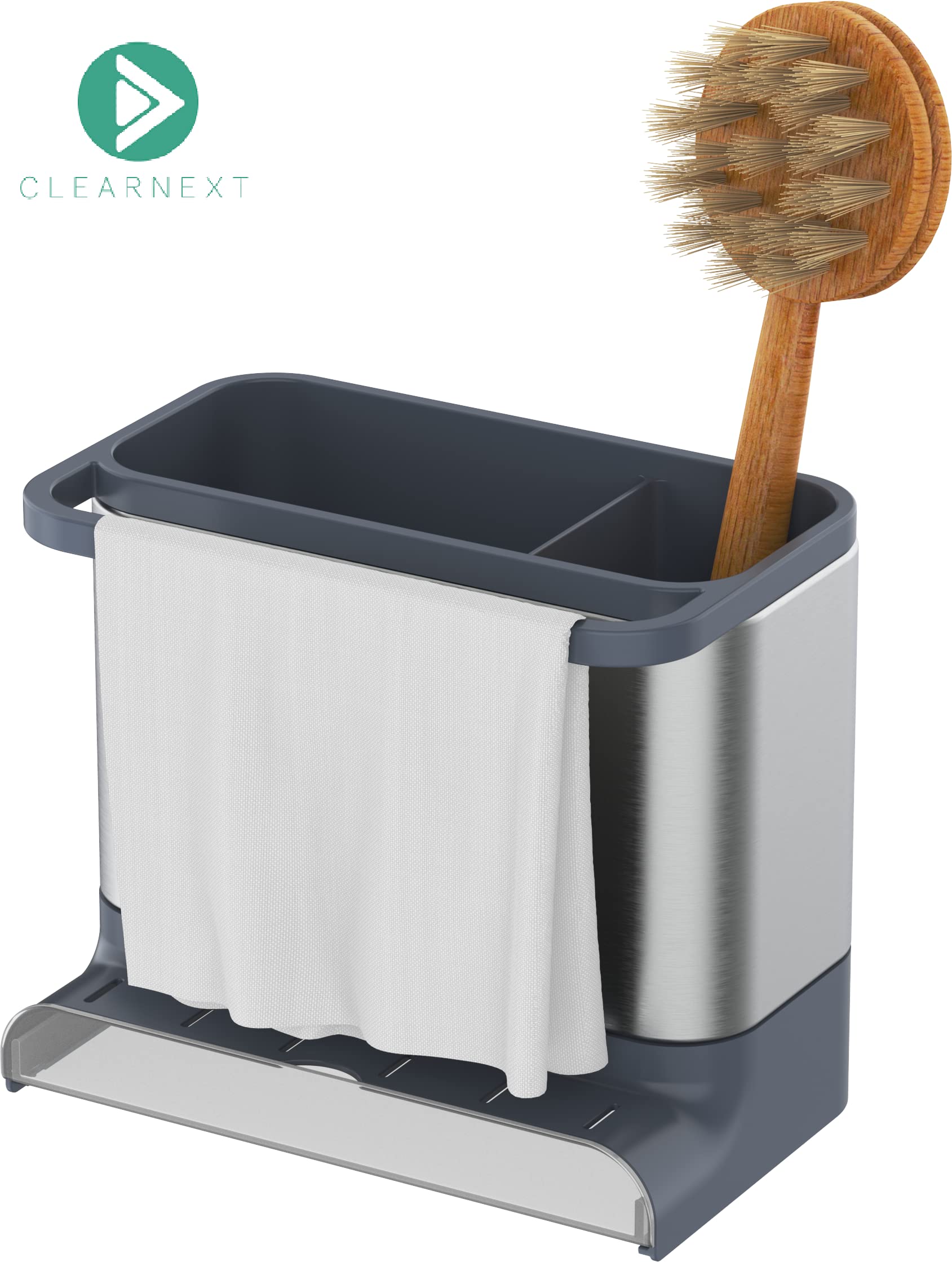 CLEARNEXT Brushed Stainless Steel Sink Caddy with Towel and Utensil Holder with Drip Tray, for Brush, Sponge, and Flatware Crock | for Kitchen or Bathroom