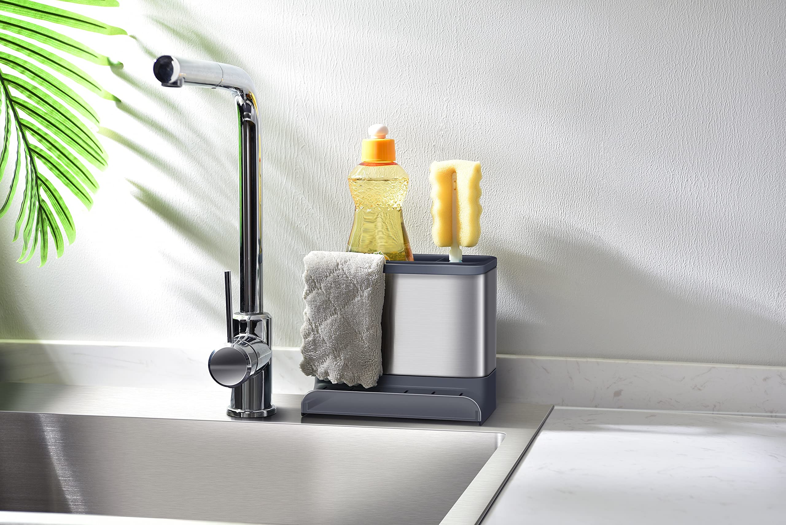 CLEARNEXT Brushed Stainless Steel Sink Caddy with Towel and Utensil Holder with Drip Tray, for Brush, Sponge, and Flatware Crock | for Kitchen or Bathroom