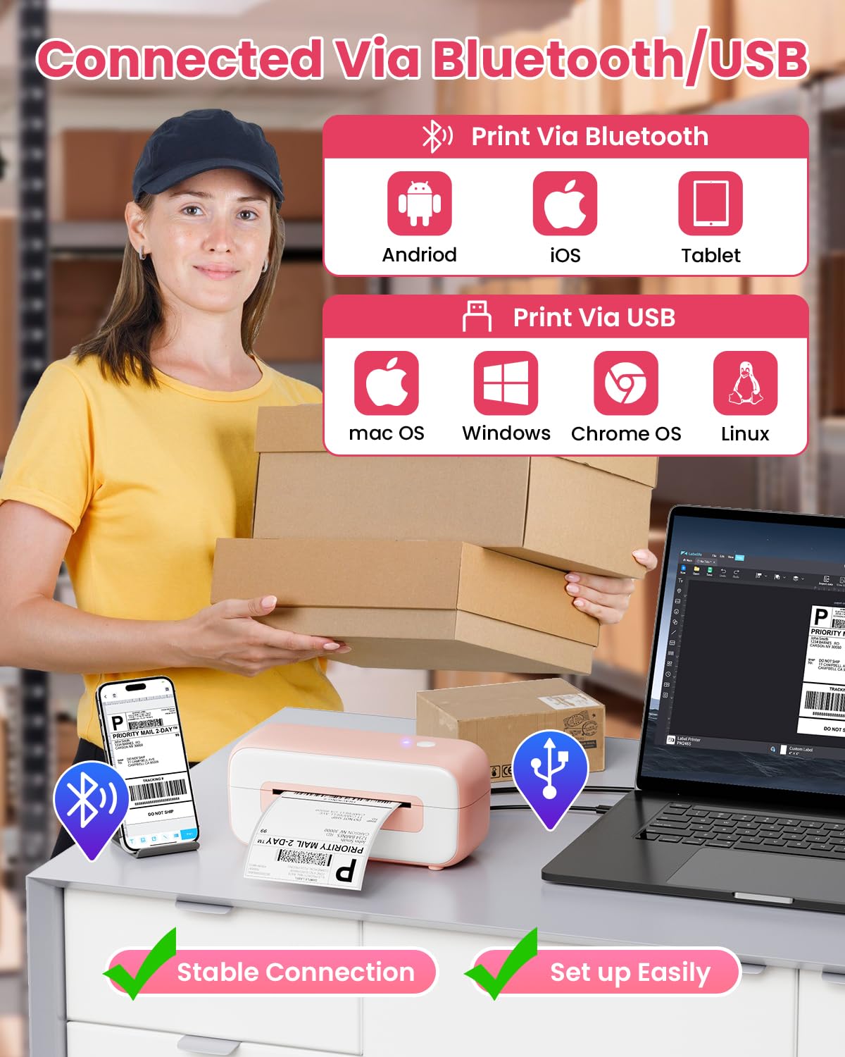 Pink Label Printer, Thermal Label Printer 4x6, Shipping Label Printer for Small Busines, Thermal Printer Compatible with Amazon, Ebay, Shopify, Etsy, UPS, FedEx, DHL, etc