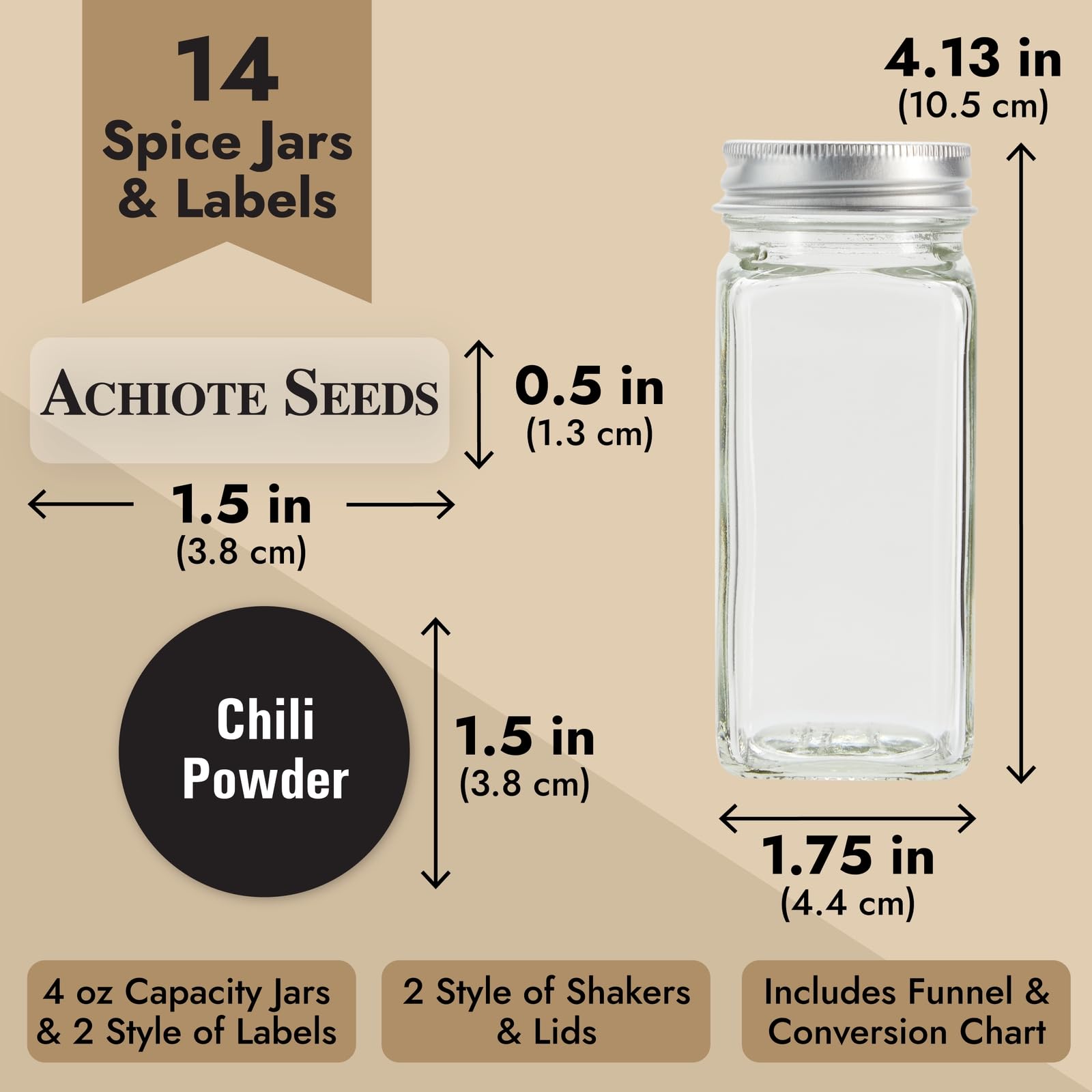 Talented Kitchen 14 Pack Glass Spice Jars with 269 Spice Labels, Empty Square Spice Bottles Containers 4 oz with Pour/Sift Shaker Lid, Spice Organization and Storage (Water Resistant)