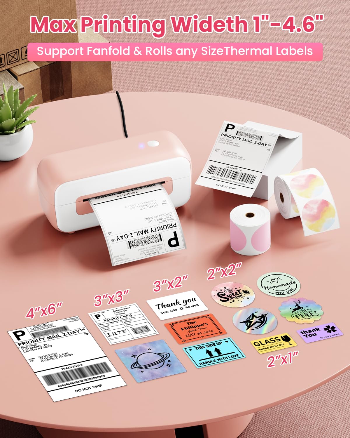 Pink Label Printer, Thermal Label Printer 4x6, Shipping Label Printer for Small Busines, Thermal Printer Compatible with Amazon, Ebay, Shopify, Etsy, UPS, FedEx, DHL, etc