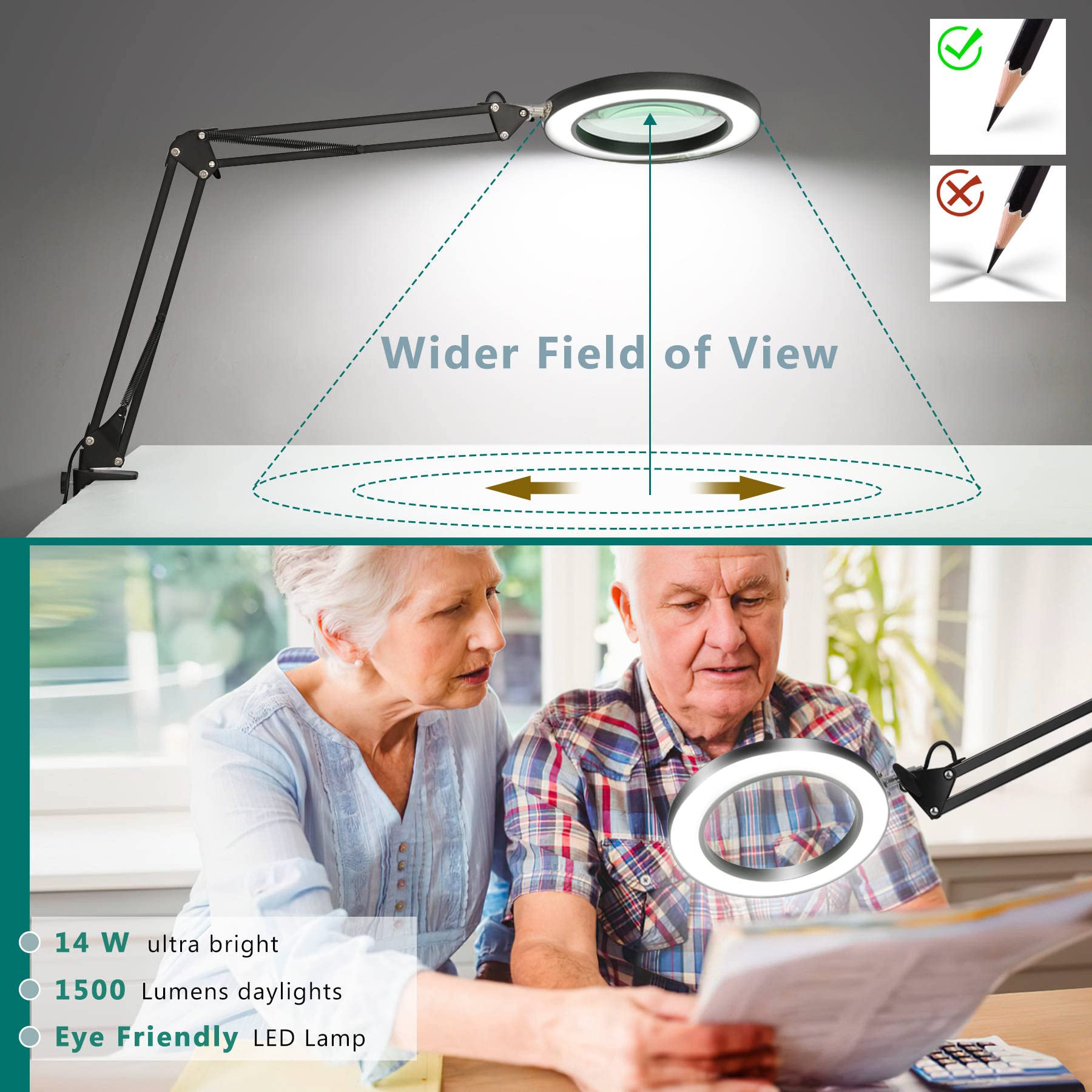 8X Magnifying Glass with Light, 5 Inches Real Glass Lens LED Desk Lamp with Clamp, 3 Color Modes Stepless Dimmable Lighted Magnifier with Light and Stand for Reading Crafts Repair Close Works - Black