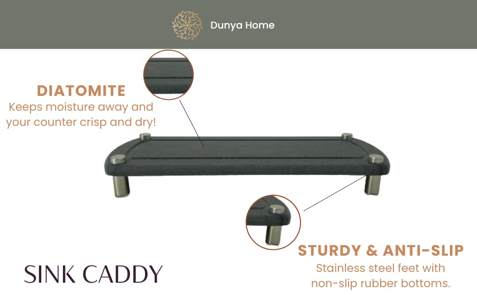 Dunya Home Bathroom Sink Caddy Fast Drying Stone Drying Rack Accessory Organizer Diatomaceous Earth Drying Rack Sponge Bottle Soap Countertop Organizer Dark Gray