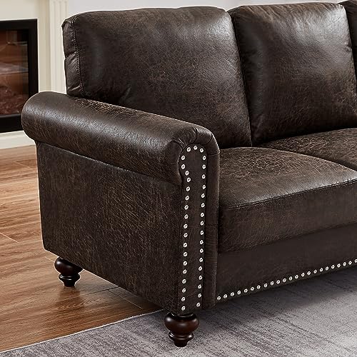 Morhome Comfy Modern Top Grain Leather Sofa Sectional Couch with Wooden Basefor Apartment, Small Space, Light Brown