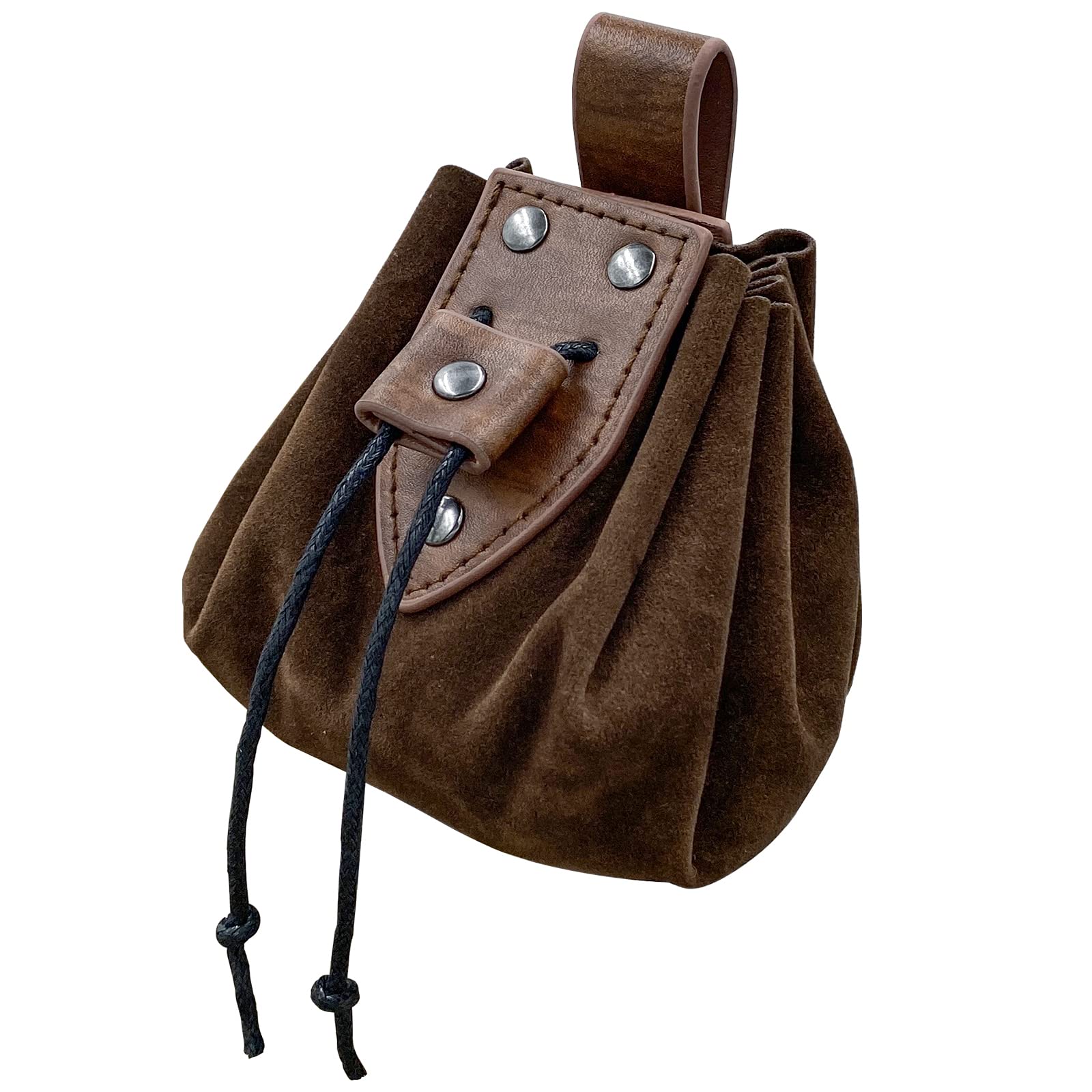 HiiFeuer Vintage Medieval Faux Leather Drawstring Pouch, Middle Ages Portable Coin Purse, Rivets Belt Pouch Dice Bag For LARP Ren Faire (Brown A)