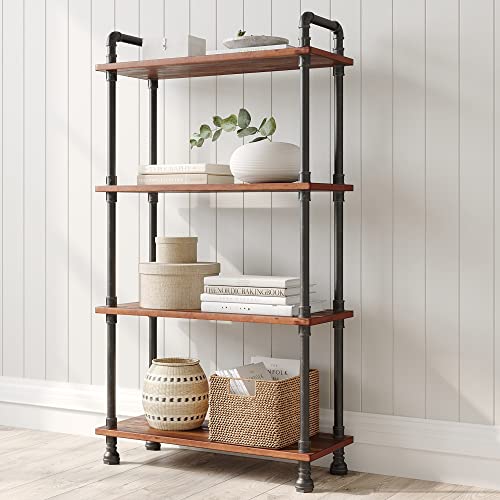 Barnyard Designs Furniture 4-Tier Etagere Bookcase, Solid Pine Open Wood Shelves, Rustic Modern Industrial Metal and Wood Style Bookshelf, Brown, 55" x 29.5" x 11.75"