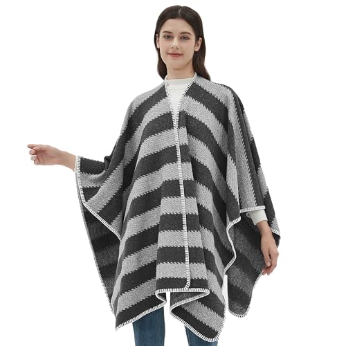 PuTian Merino Wool Shawl and Wrap Scarf for Women - Thick Warm Washable Wearable Blanket Heavyweight Pashmina Poncho Cape for Fall Winter Cold Weather, Stripe Gray