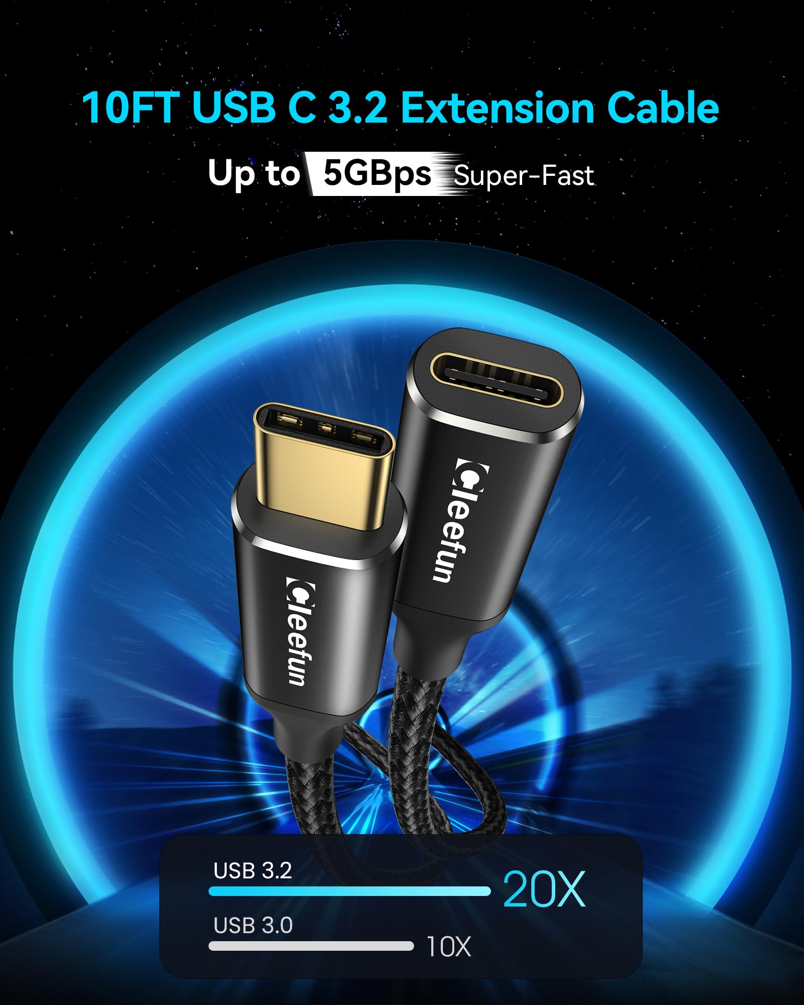 CLEEFUN 10ft USB C Extension Cable, 3.2 Male to Female, 5Gbps Data & 4K Video Sync, 100W Fast Charging for USBC Hub, Laptop, Tablet, Phone