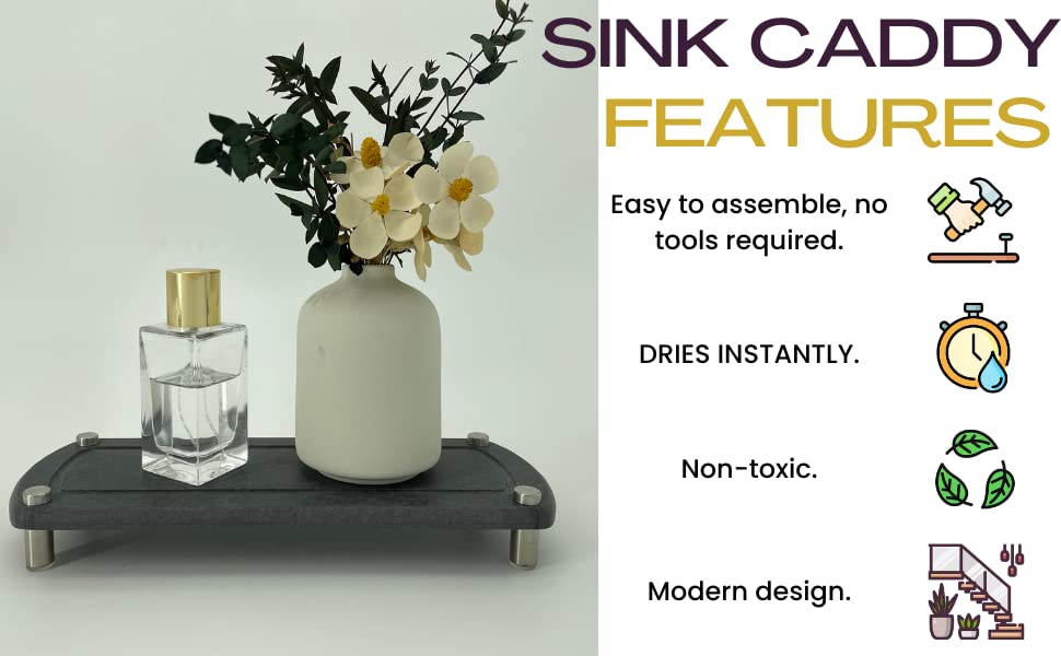 Dunya Home Bathroom Sink Caddy Fast Drying Stone Drying Rack Accessory Organizer Diatomaceous Earth Drying Rack Sponge Bottle Soap Countertop Organizer Dark Gray