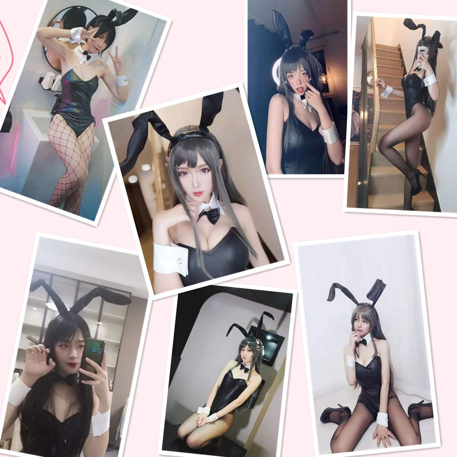 AiMiNa 6Pcs Womens Bunny Costume Cosplay Costume Satin Gloves Rabbit Tail Ear Headband Collar Bow tie stockings set (Pink)