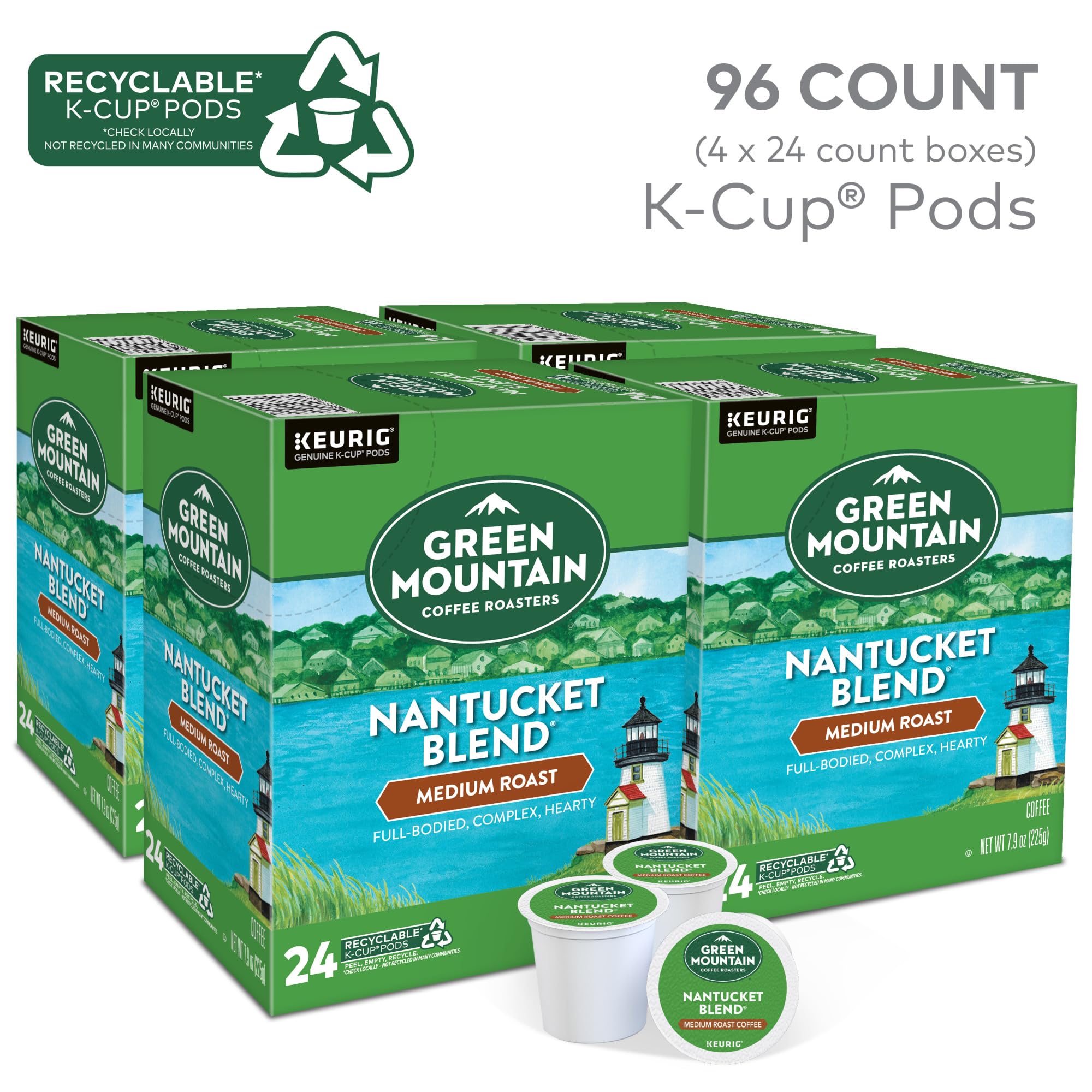Green Mountain Coffee Roasters Nantucket Blend, Single-Serve Keurig K-Cup Pods, Medium Roast Coffee, 24 Count (Pack of 4), Total 96 Count