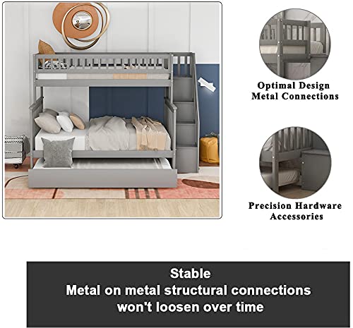 Baysitone Bunk Bed, Bunk Beds Twin Over Full Size, Bunk Bed with Trundle and Stairs, Solid Wood Bunk Bed Frame with 4 Storage for Kids, Girls, Boys, Toddler, No Box Spring Needed (Gray)