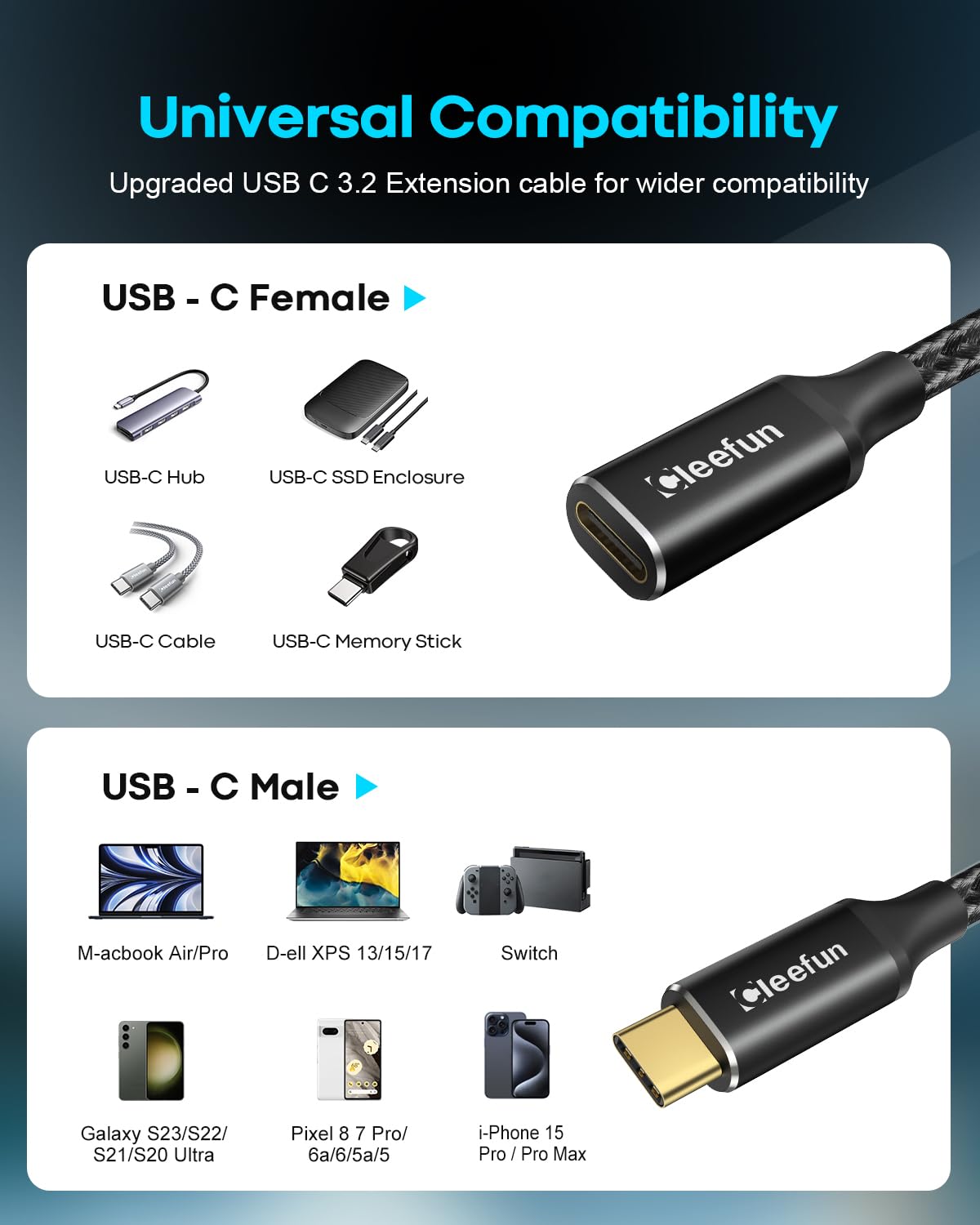 CLEEFUN 10ft USB C Extension Cable, 3.2 Male to Female, 5Gbps Data & 4K Video Sync, 100W Fast Charging for USBC Hub, Laptop, Tablet, Phone
