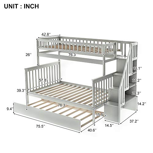 Baysitone Bunk Bed, Bunk Beds Twin Over Full Size, Bunk Bed with Trundle and Stairs, Solid Wood Bunk Bed Frame with 4 Storage for Kids, Girls, Boys, Toddler, No Box Spring Needed (Gray)