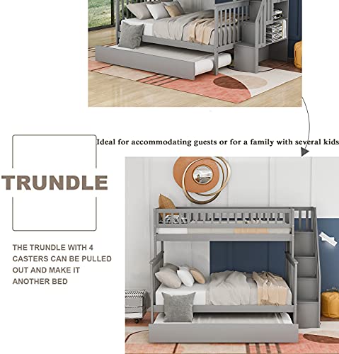 Baysitone Bunk Bed, Bunk Beds Twin Over Full Size, Bunk Bed with Trundle and Stairs, Solid Wood Bunk Bed Frame with 4 Storage for Kids, Girls, Boys, Toddler, No Box Spring Needed (Gray)