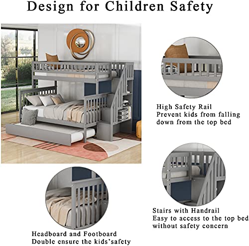 Baysitone Bunk Bed, Bunk Beds Twin Over Full Size, Bunk Bed with Trundle and Stairs, Solid Wood Bunk Bed Frame with 4 Storage for Kids, Girls, Boys, Toddler, No Box Spring Needed (Gray)