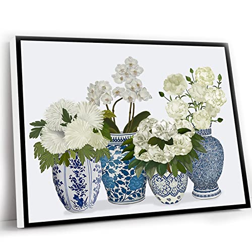 Windrain Farmhouse Wall Decorations,Floral Art Print,Chinoiserie Vase Art,Blue And White China,Oriental Decor,Chinese Art,White Flowers Illustration,Hamptons Decor,16x24 Inch Framed 5