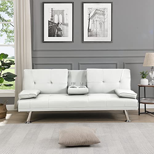 Eafurn Faxu Leather Convertible Sofa Bed with Cup Holders,Folding Futon Couch Recliner Sleeper Loveseat Reversible Daybed, Button Tufted Sofabed with Removable Pillow Top Armrests