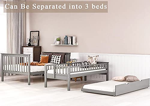 Baysitone Bunk Bed, Bunk Beds Twin Over Full Size, Bunk Bed with Trundle and Stairs, Solid Wood Bunk Bed Frame with 4 Storage for Kids, Girls, Boys, Toddler, No Box Spring Needed (Gray)