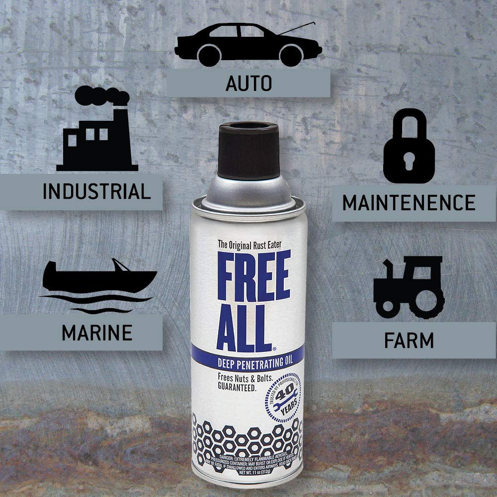 Free All Rust Eater Deep Penetrating Oil, 11 oz Aerosol β Loosens Rusted Bolts, Nuts, Pipe Connections & Locks β Industrial-Grade Rust Remover, Silicone-Free, Safe on Paint & Plastic Surfaces, 2-Pack