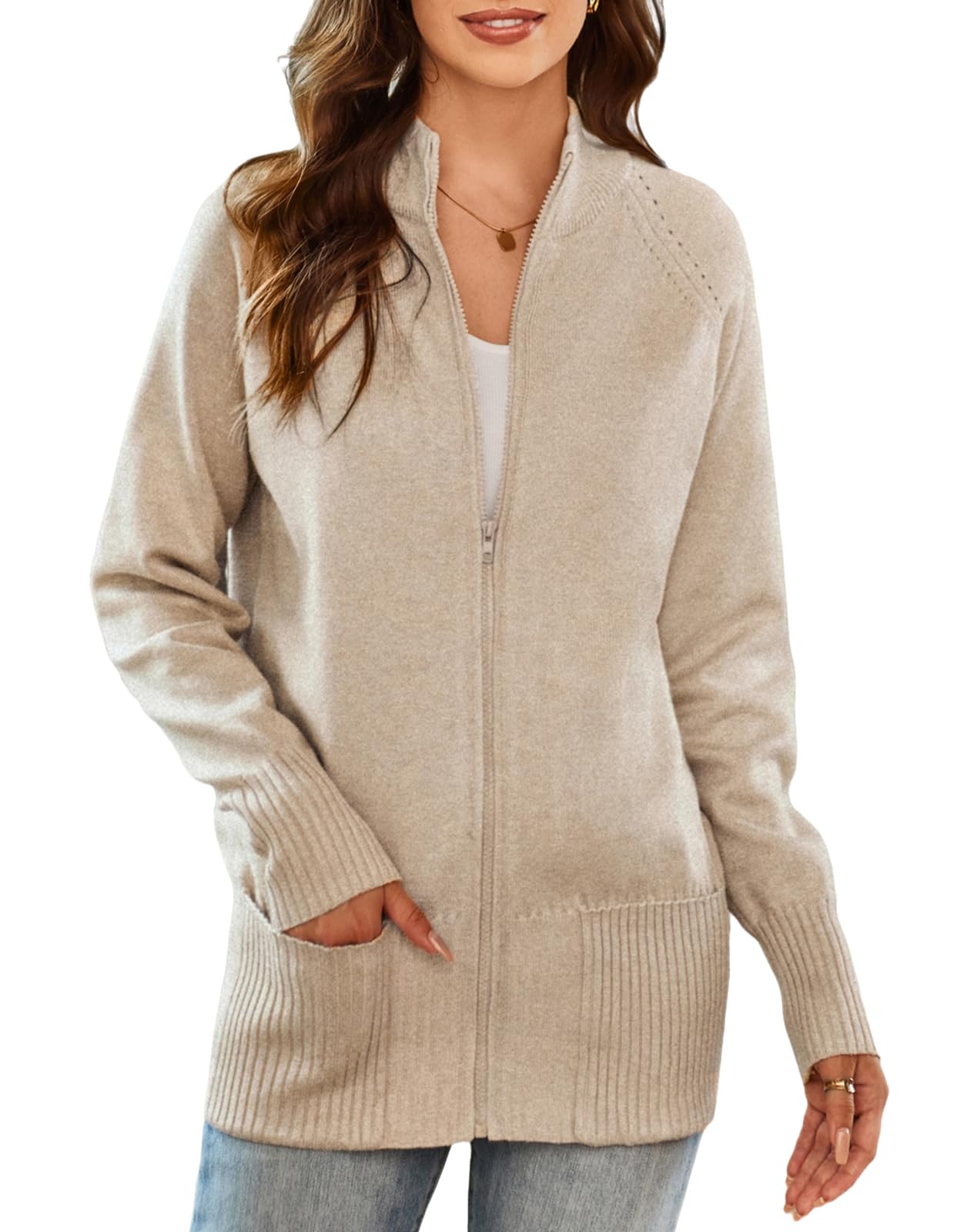 GRACE KARIN Zip Up Cardigan Sweaters for Women Stand Collar Long Sleeve Chunky Knit Full Zip Sweaters Jackets for Women Office Wear L Apricot
