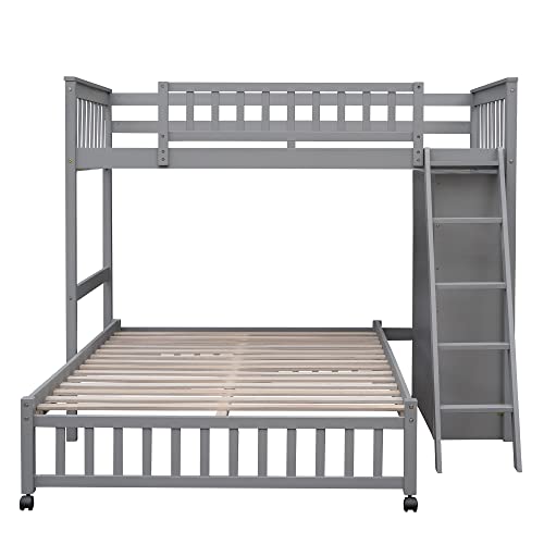 Twin Over Full Bunk Beds with Storage, Wooden L-Shape Bunk Bed Frame with 6 Drawers and Flexible Shelves, Bottom Platform Bed with Wheels can Movable, No Box Spring Needed (Grey)