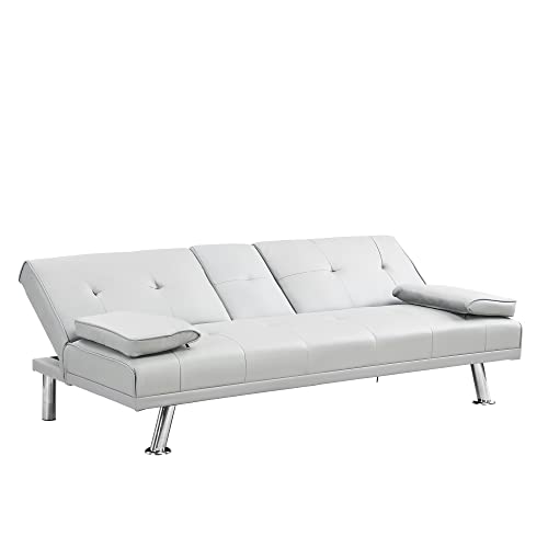Eafurn Faxu Leather Convertible Sofa Bed with Cup Holders,Folding Futon Couch Recliner Sleeper Loveseat Reversible Daybed, Button Tufted Sofabed with Removable Pillow Top Armrests