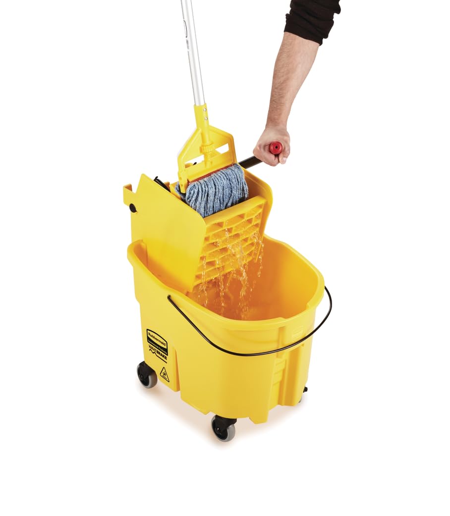 Rubbermaid Commercial Products, WaveBrake - Commercial Industrial Mop Bucket with Side-Press Wringer Combo on Wheels, 35 Quart, Yellow