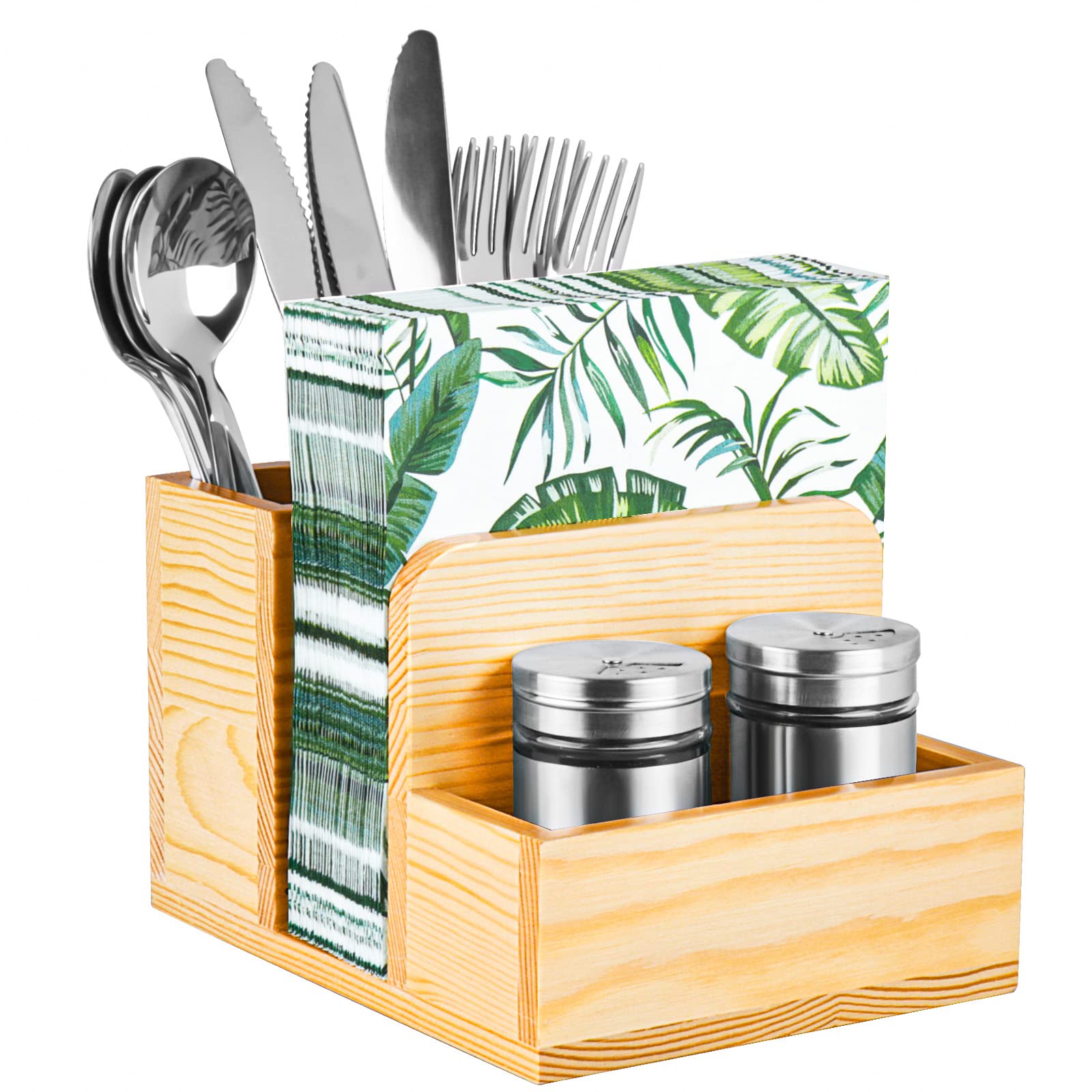 Silverware Holder,Wooden Silverware Caddy and Napkin Holder,Countertop Silverware Organizer with Salt and Pepper Shakers,Multi-Purpose Utensil Holder for Party,Farmhouse Kitchen Decor,Dinning,Banquet