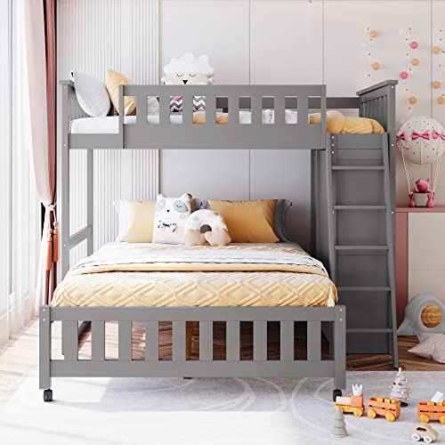 Twin Over Full Bunk Beds with Storage, Wooden L-Shape Bunk Bed Frame with 6 Drawers and Flexible Shelves, Bottom Platform Bed with Wheels can Movable, No Box Spring Needed (Grey)