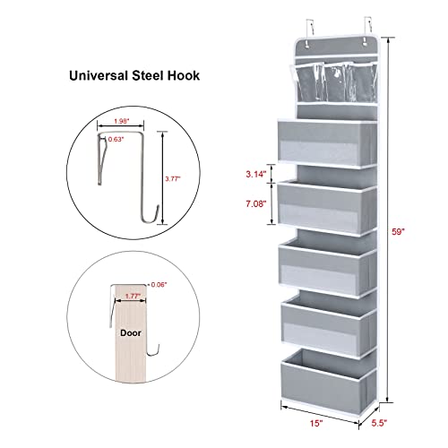Univivi Over Door Hanging Organizer Storage with 5 Large Pockets and 3 Small PVC Pockets for Cosmetics Wall Hanging Storage Organizer for Pantry Baby Nursery Bathroom Closet Dorm, (Grey)