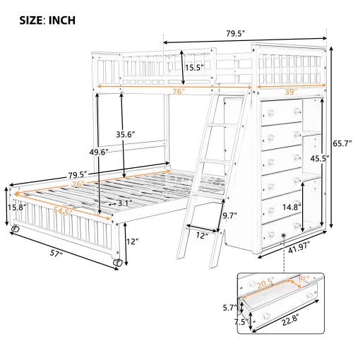 Twin Over Full Bunk Beds with Storage, Wooden L-Shape Bunk Bed Frame with 6 Drawers and Flexible Shelves, Bottom Platform Bed with Wheels can Movable, No Box Spring Needed (Grey)
