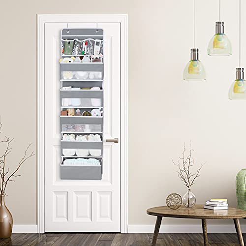 Univivi Over Door Hanging Organizer Storage with 5 Large Pockets and 3 Small PVC Pockets for Cosmetics Wall Hanging Storage Organizer for Pantry Baby Nursery Bathroom Closet Dorm, (Grey)