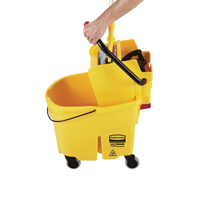 Rubbermaid Commercial Products, WaveBrake - Commercial Industrial Mop Bucket with Side-Press Wringer Combo on Wheels, 35 Quart, Yellow