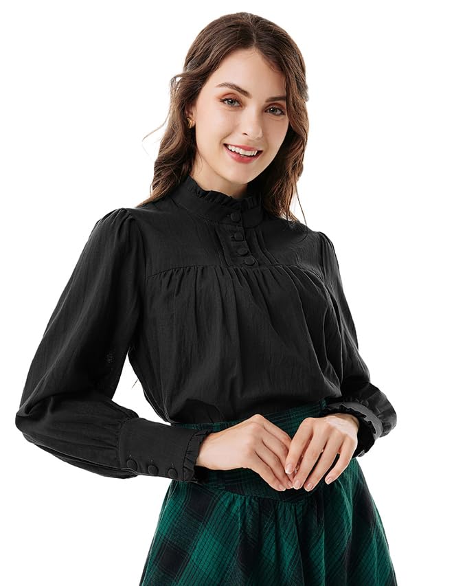 Scarlet Darkness Renaissance Shirt Women 1800s Victorian Edwardian Blouse Long Sleeve Shirt Black S