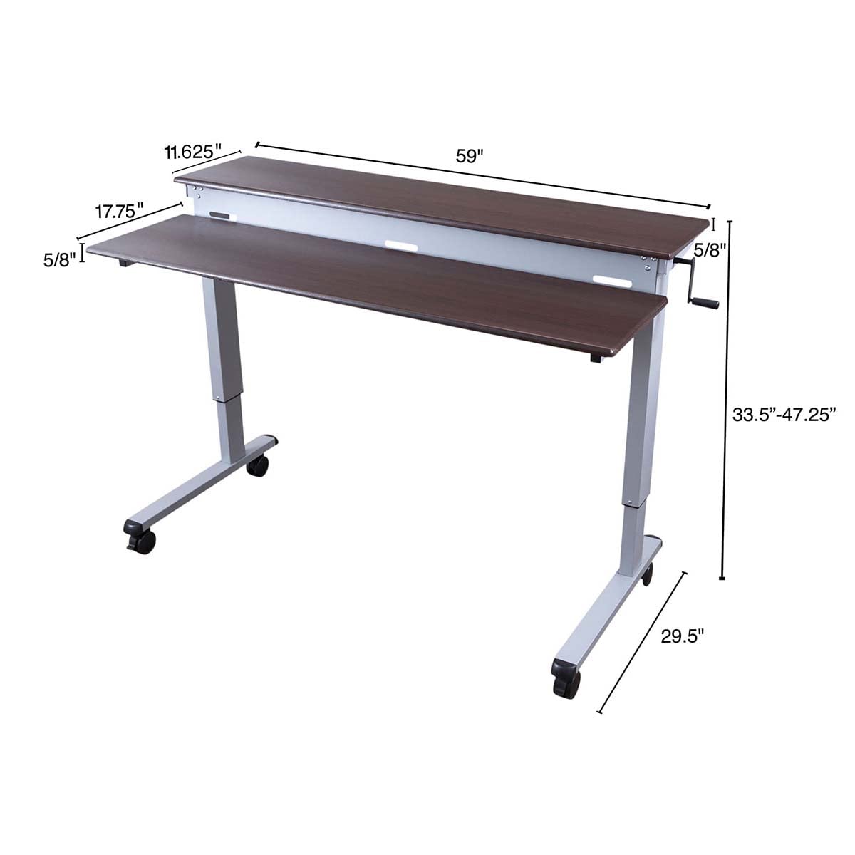 S STAND UP DESK STORE Crank Adjustable 2-Tier Standing Desk with Heavy Duty Steel Frame-Silver Frame/Dark Walnut Top, 60 inch Wide