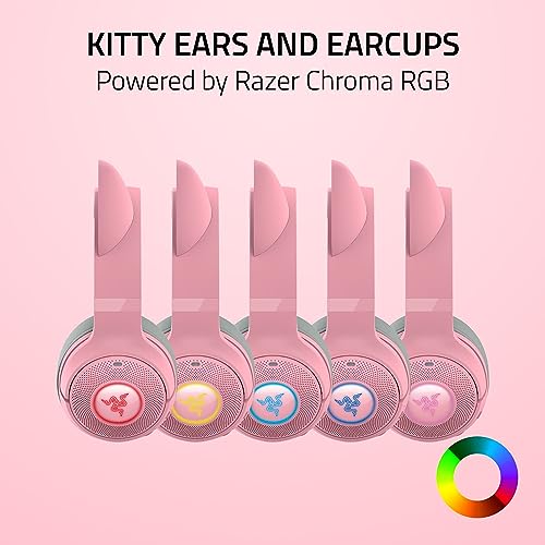 Razer Kraken Kitty V2 BT Wireless RGB Headset: Chroma RGB Kitty Ears & Earcups - Bluetooth 5.2-40 mm Drivers - Noise-Cancelling Mics - Lightweight - 40 Hr Battery w/Type C Charging - Quartz Pink