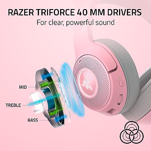 Razer Kraken Kitty V2 BT Wireless RGB Headset: Chroma RGB Kitty Ears & Earcups - Bluetooth 5.2-40 mm Drivers - Noise-Cancelling Mics - Lightweight - 40 Hr Battery w/Type C Charging - Quartz Pink