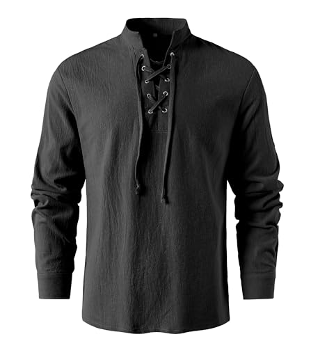 MO GOOD Mens Lace Up Linen Cotton Costume Long Sleeve Shirts-Retro Style for Medieval Halloween Viking Black