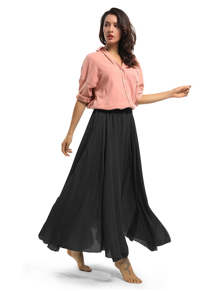 Phorecys Women's Casual Long Maxi Skirt Cotton Elastic Waist Boho Goth Fairy Renaissance Weekend Skirts Dress Black 105CM Length